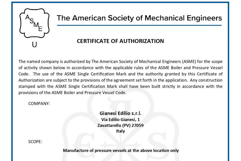 ASME U certificate - News - Gianesi Edilio S.r.l. - Piacenza